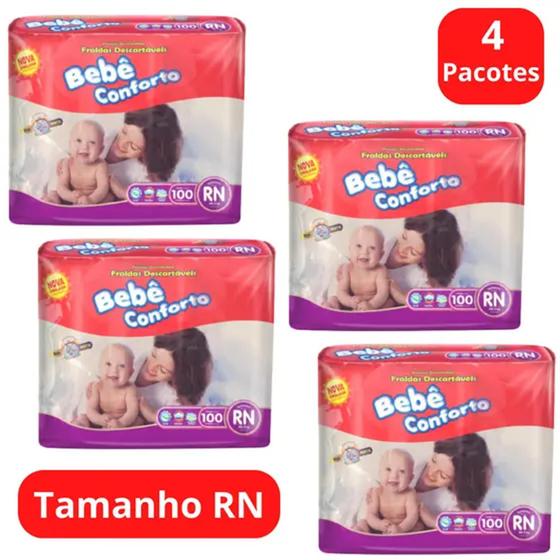 Fralda Descartável Bebê Conforto Mega 4 Pacotes Tamanho RN Com 100 ...