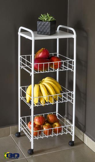 Fruteira De Chão Organizadora 3 Andares Aramado Com Tampa Madeira e Rodinhas Branco - Metaltru ...
