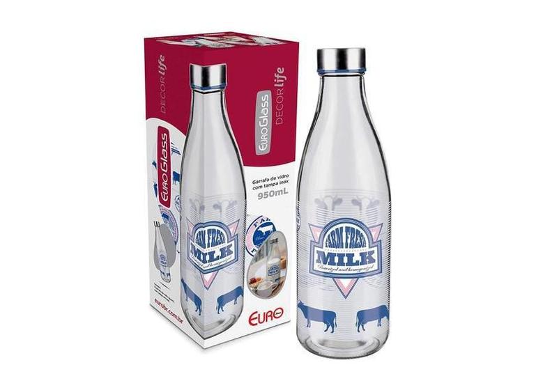 Garrafa Leite Vidro 950ml Decorada Vaca Leiteira VDR8059 Euro Home ...