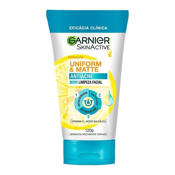 Gel de Limpeza Facial Garnier Uniform & Matte Antiacne 3 em 1 120g ...