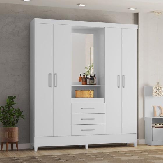 Guarda Roupa Armário Roupeiro Solteiro Com Espelho 4 Portas 3 Gavetas ...