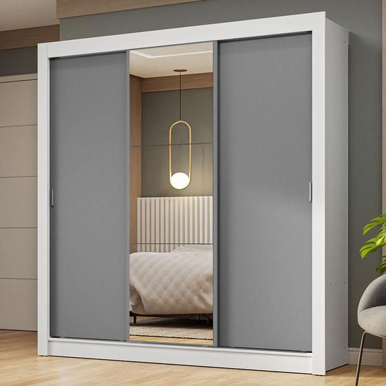 Guarda-Roupa Casal 3 Portas de Correr com Espelho Branco/Cinza Nobre ...