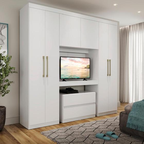 Guarda Roupa Casal 6 Portas 2 Gavetas Porto Branco com Painel de TV ...