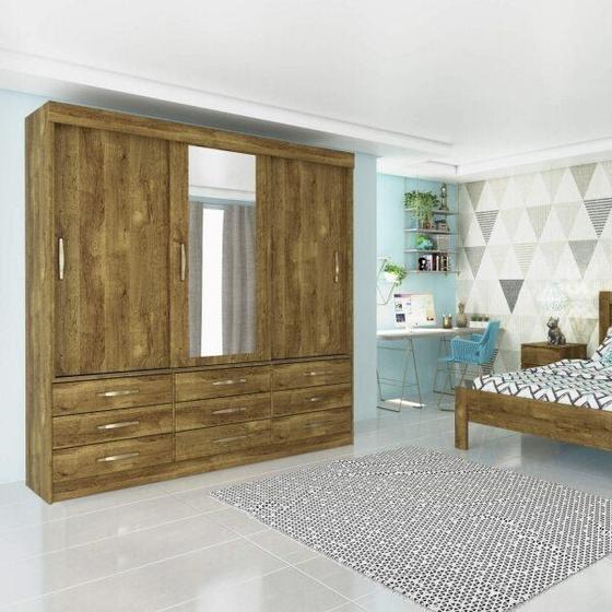 Guarda-Roupa Casal com Espelho 3 Portas de Correr 9 Gavetas Chicago Tcil Móveis - Guarda-Roupa ...