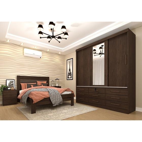 Guarda Roupa Casal com Espelho 3 Portas de Correr 9 Gavetas Chicago Tcil Móveis - Guarda-Roupa ...