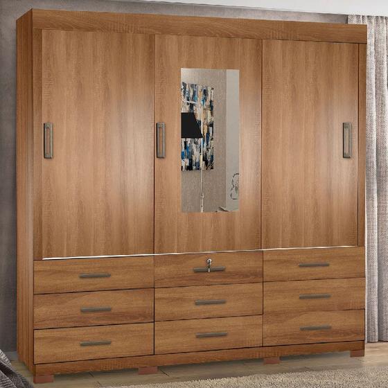 Guarda Roupa Casal com Espelho e Com Pés 3 Portas de Correr e 9 Gavetas ...