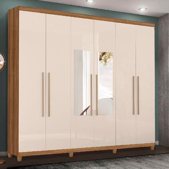 Guarda Roupa Casal com Espelho e Pés 6 Portas e 4 Gavetas Porto Bello Plus Cor Mel com Off White ...