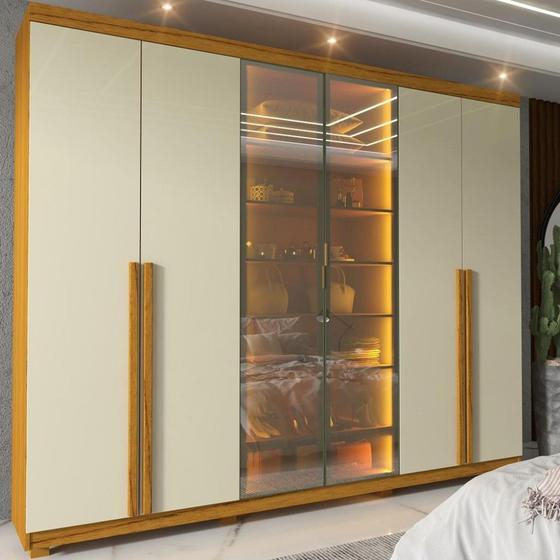 Guarda Roupa Casal com Vidro Reflecta LED e Pés 6 Portas 100 MDF ...