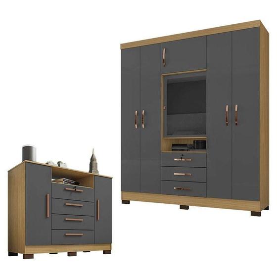 Guarda Roupa Casal Imperial Com Cômoda Madri Carvalho Americano Grafite - Incorplac - INCORPLAC ...