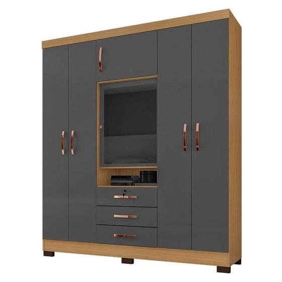Guarda Roupa Casal Imperial Com Cômoda Madri E Armário Multiuso Egito Carvalho Americano Grafite ...