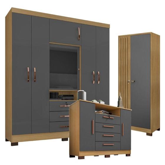 Guarda Roupa Casal Imperial e Cômoda Madri com Armário Multiuso Versatile Carvalho Americano ...