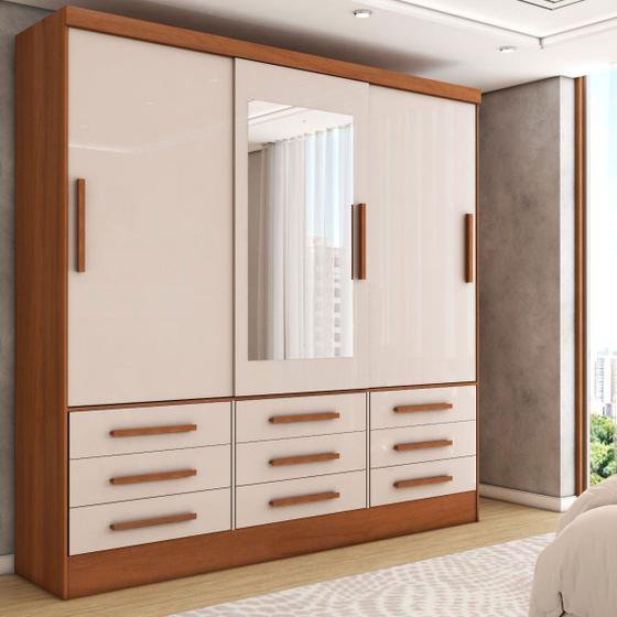 Guarda-Roupa Casal Joris 3 Portas 9 Gavetas com Espelho Cinamomo/Off ...