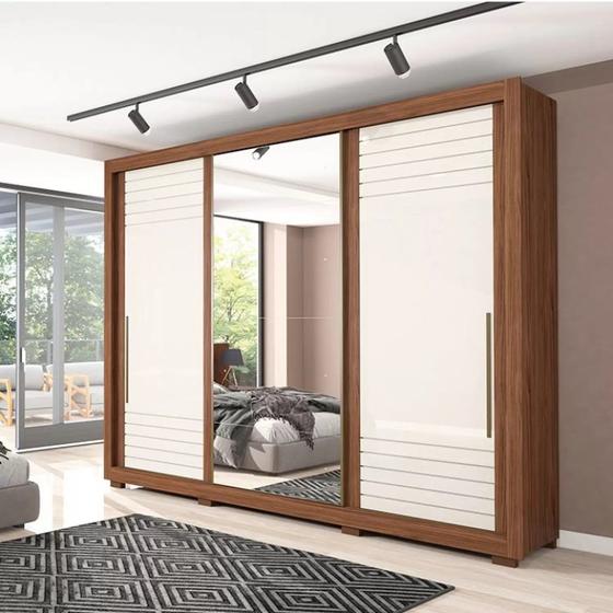 Guarda Roupa Casal MDF 3 Portas de Correr Espelho 6 Gavetas Internas e 8 Pés Vitória Panan ...