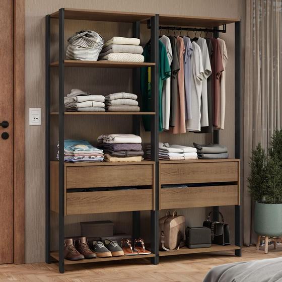 Guarda-Roupa Closet Modulado 4 Gavetas 6 Prateleiras 140cm Rustic/Preto ...