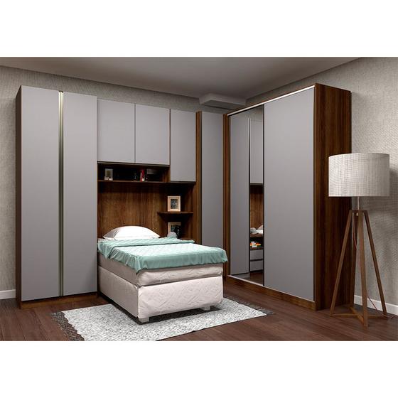 Guarda Roupa de Canto Solteiro com Espelho Nogueira Dourado com Cinza ...