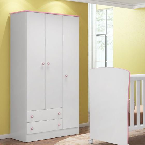 Guarda-Roupa Doce Sonho 3 Portas 2 Gavetas Cabideiro Branco/Rosa ...