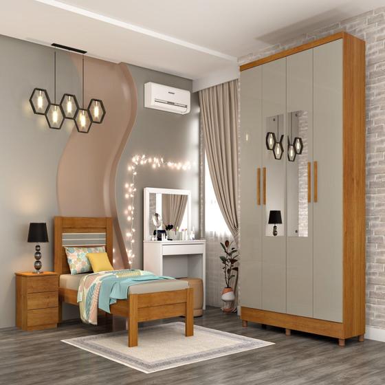 Guarda Roupa Solteiro 4 Portas 2 Gavetas com Pés e Espelho Amsterdam Tcil Móveis Cinamomo/Off ...