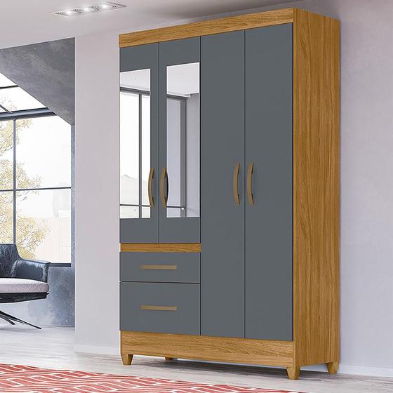 Guarda Roupa Solteiro 4 portas com espelho 2 gavetas Freijo / Cinza ...