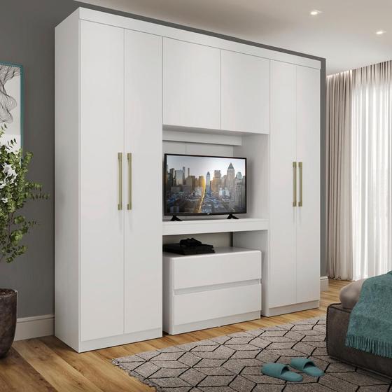 Guarda Roupa Solteiro 6 Portas 2 Gavetas Porto Branco com Painel de TV ...