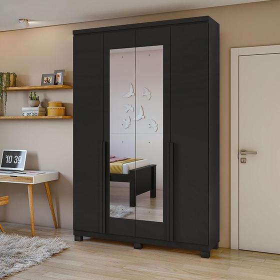 Guarda Roupa Solteiro Ambiente Alonzo 4 Portas Preto Fosco com Espelho ...