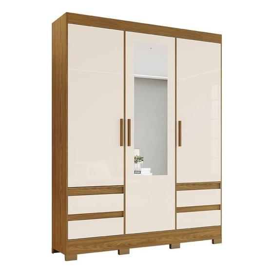 Guarda Roupa Solteiro B55 3 Portas e 4 Gavetas Nature/Off White com Espelho - Móveis Briz ...