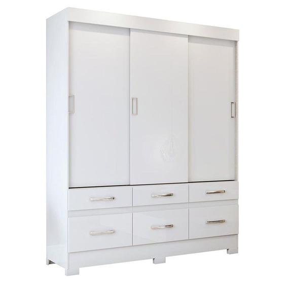 Guarda Roupa Solteiro BE21 com 3 Portas de Correr e 6 Gavetas Branco ...