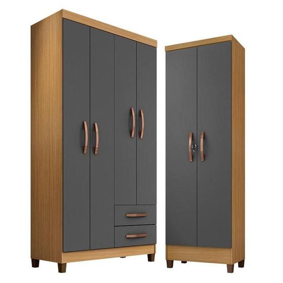 Guarda Roupa Solteiro Modena 4 Portas E Armário Multiuso Egito Carvalho ...