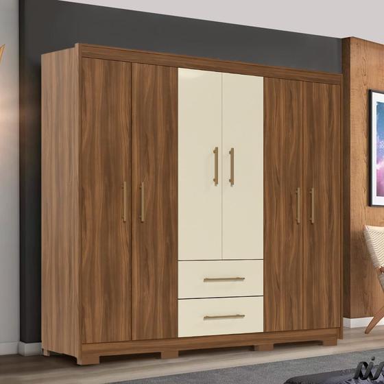 Guarda Roupa Solteiro Pequeno 6 Portas 2 Gavetas Nogueira Off White ...