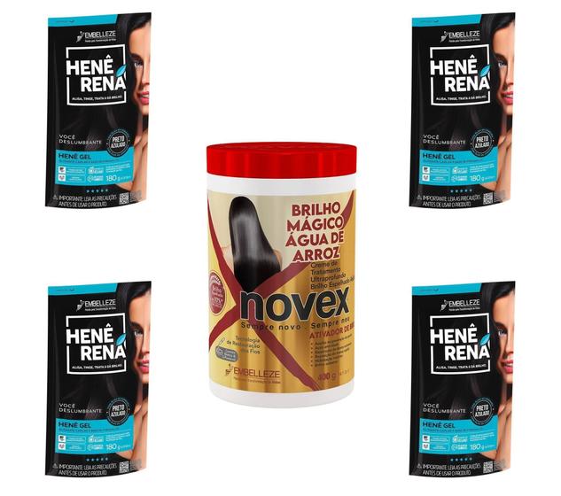 Hene Em Gel Rena Preto Cafe 04x180gr Pouch+Brilho Magico Agua de Arroz ...