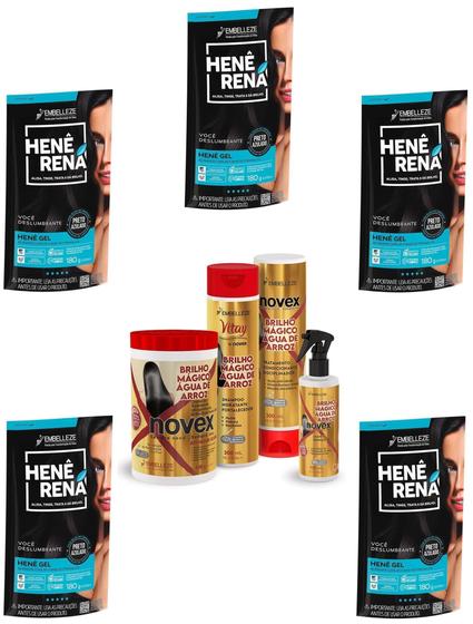 Hene Em Gel Rena Preto Cafe 05x180gr Pouch+Brilho Magico Agua de Arroz ...