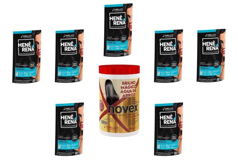 Hene Em Gel Rena Preto Natural 07x180gr Pouch+Brilho Magico Agua Arroz ...