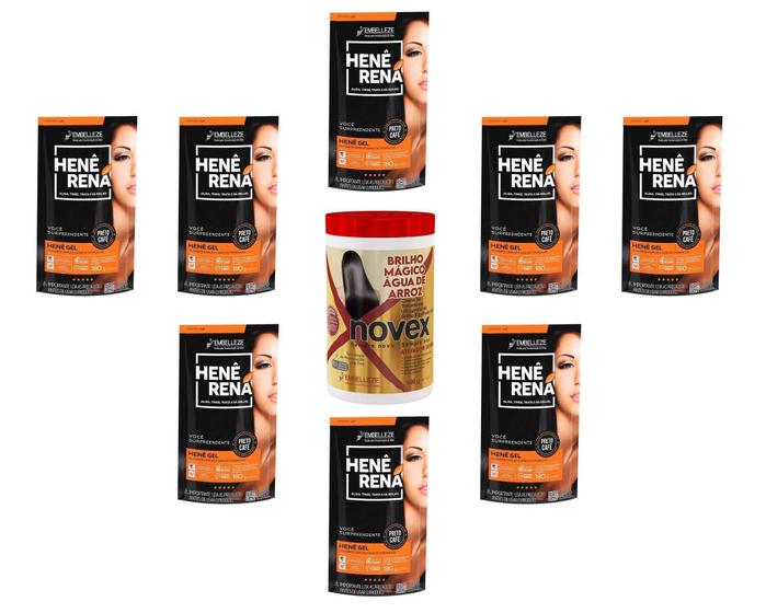 Hene Em Gel Rena Preto Natural 08x180gr Pouch+Brilho Magico Agua Arroz ...