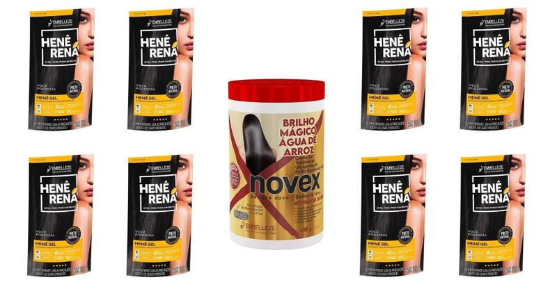 Hene Em Gel Rena Preto Natural 08x180gr Pouch+Brilho Magico Agua Arroz 1kg Creme Tratamento ...