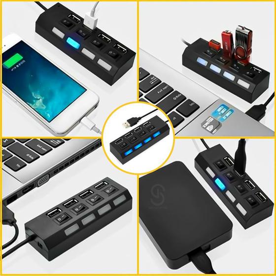 HUB 40cm Retangular 2.0 USB Divisor Interruptor Independente 4 Portas ...