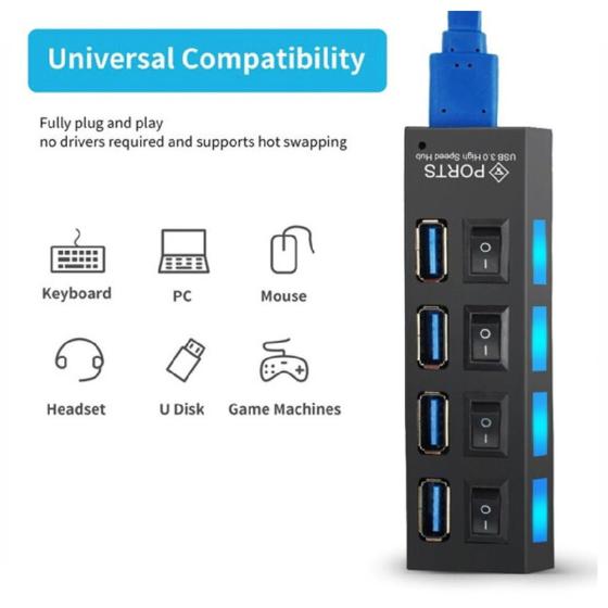 Hub USB Extensor Hi-speed 480 Mbps USB 2.0 Preto 4 Portas c/ Botão Liga ...