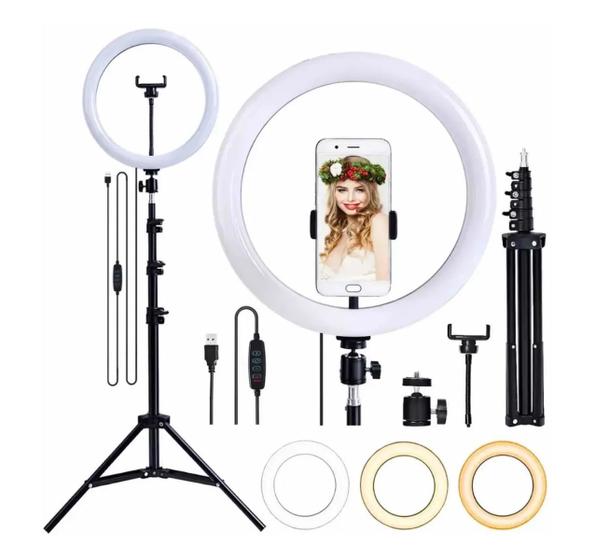 Iluminador Ring Light Grande Com Tripé Anel de Luz kit Completo para Vídeos Fotos Make Youtuber ...