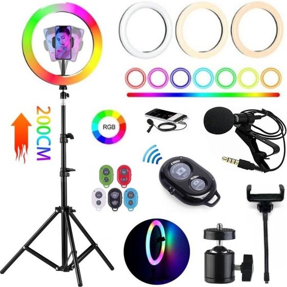 Iluminador Ring Light Rgb Luz Colorida + Tripé 2 metros Suporte celular ...