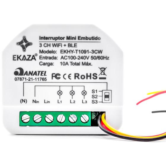 Interruptor Inteligente Relé Wi-Fi 3 Canais + BLE Mini Embutido Comando ...