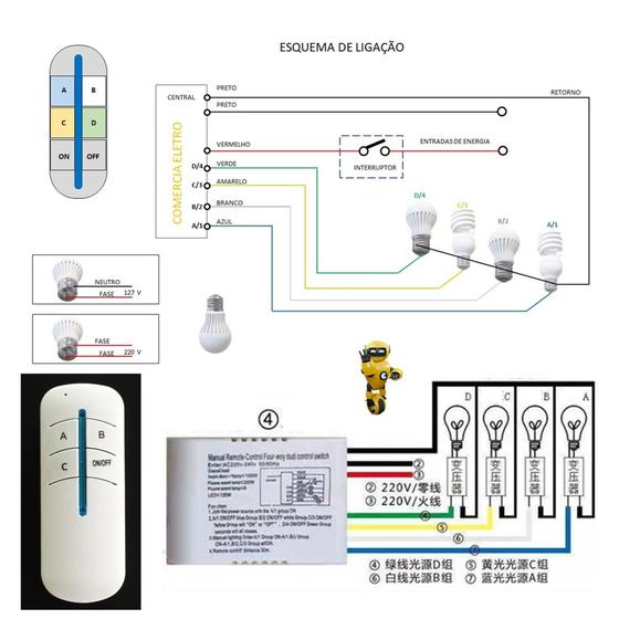 Interruptor sem fio de controle remoto 4 Vias Wireless Infravermelho ...