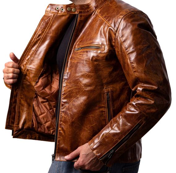 Jaqueta de Couro Legitimo Cafe Racer Marrom Caramelo Rustico - Harry ...