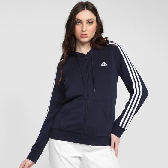Jaqueta Moletom Adidas Capuz Zíper Essentials 3 Stripes Feminina ...