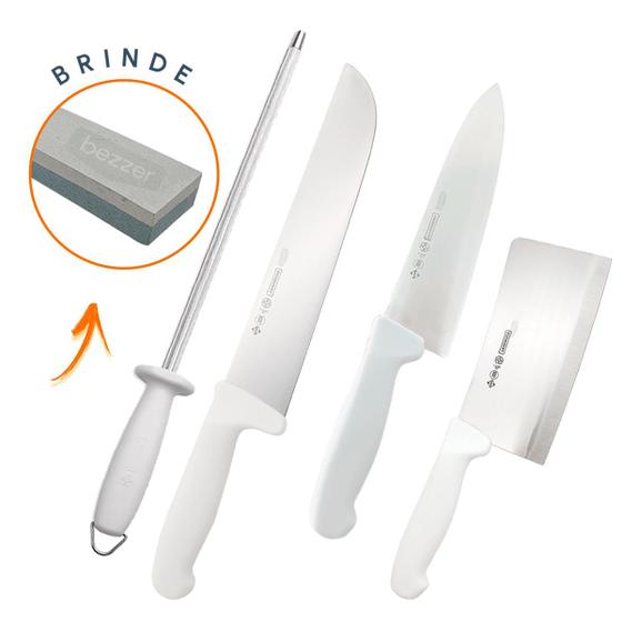 Jogo de Facas Chaira Estriada e Cutelo Mundial 5 peças + Pedra de Afiar ...