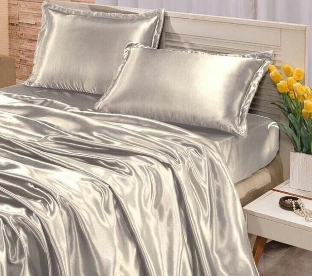 Jogo de Lençol Casal King 4 Peças em Cetim Charmousse Alto Brilho Prata ...