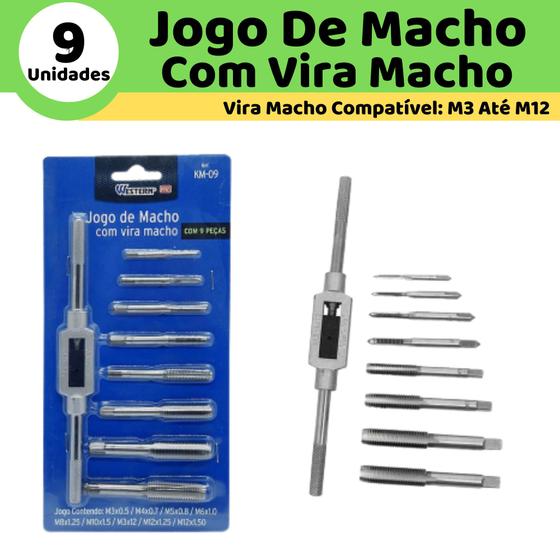 Jogo De Macho P/ Fazer Rosca Manual M3 M4 M5 M6 M8 M10 M12 9 peças Com ...