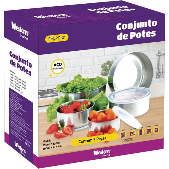 Jogo de Potes de INOX com Tampa Conjunto AÇO KIT 5 Peças - Western ...