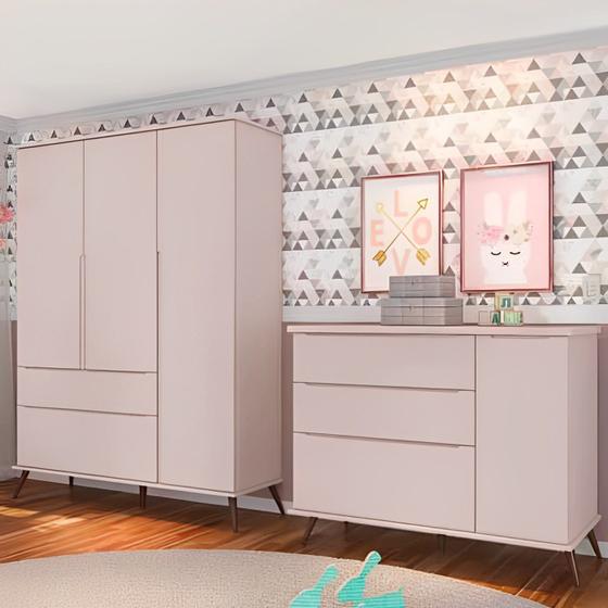 Jogo de Quarto Bebê Infantil Melinda Guarda Roupa + Cômoda MDF Rosê ...