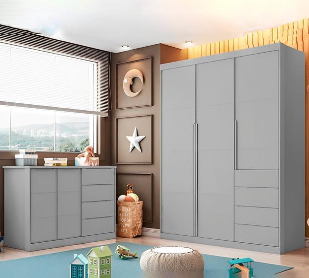 Jogo de quarto Pérola com guarda roupa 3 portas e 4 gavetas + cômoda 2 ...