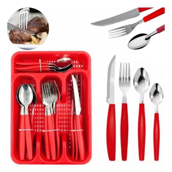 Jogo De Talher Aço Inox 25 Peças Faqueiro Garfo Faca Colher Vermelho ...