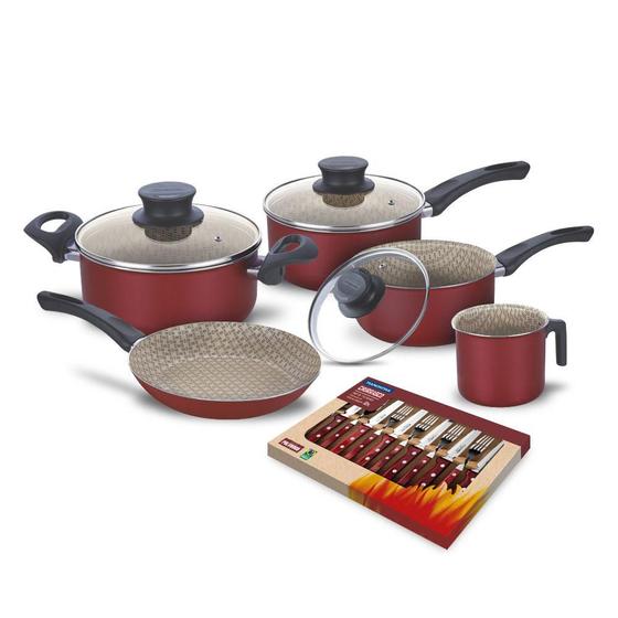 Jogo Panelas Alumínio 5 Peças Paris e Jogo de Talheres Churrasco 12 ...