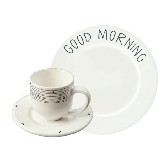 Jogo Xícara com Pires e Prato de Sobremesa de Porcelana Good Morning ...